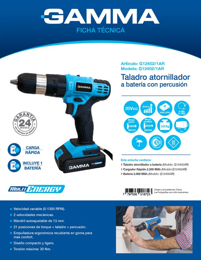 TALADRO ATORNILLADOR INALAMBRICO GAMMA G12402/1AR - Coppel